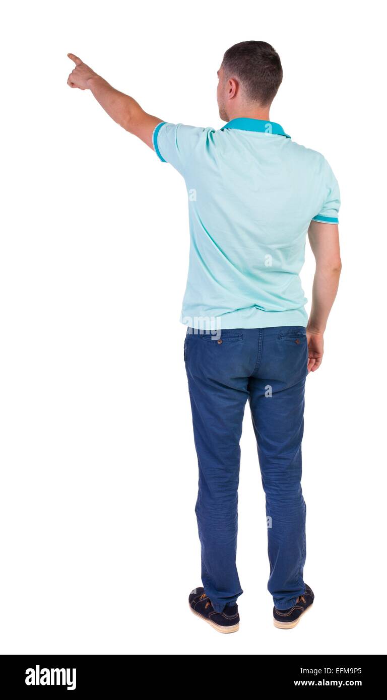 Back view of pointing young men in shirt and jeans. Young guy gesture ...