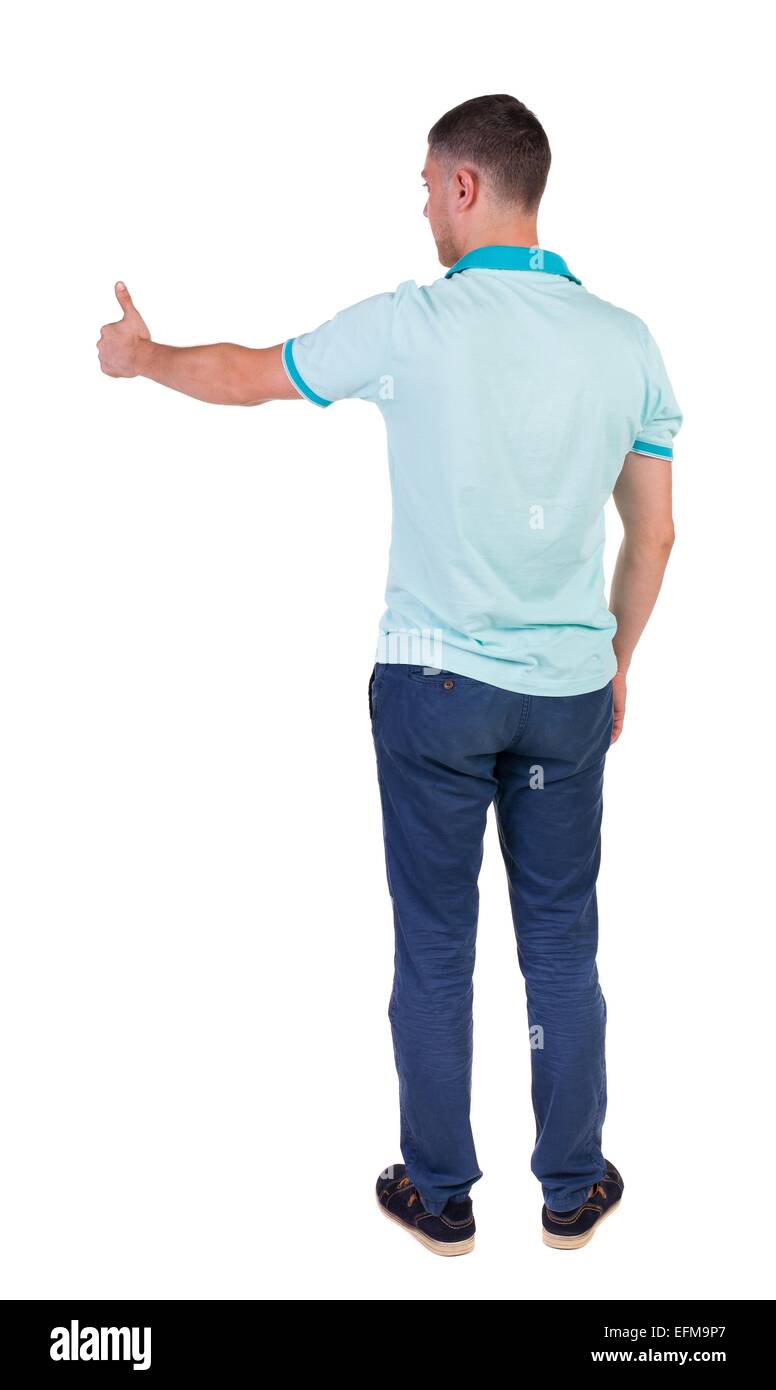 Back view of man in checkered shirt shows thumbs up. Rear view people ...