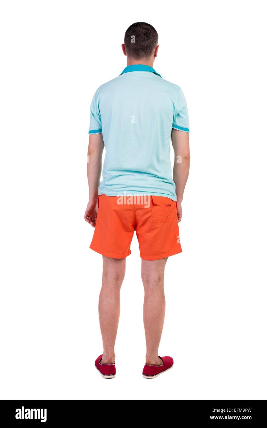 Back view of young manin shorts looking. Rear view people collection ...
