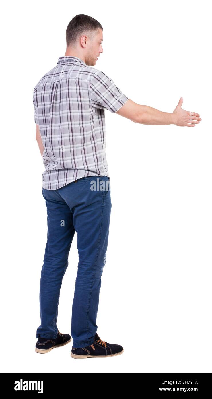 Back side view of man in shirt handshake. Isolated over white ...