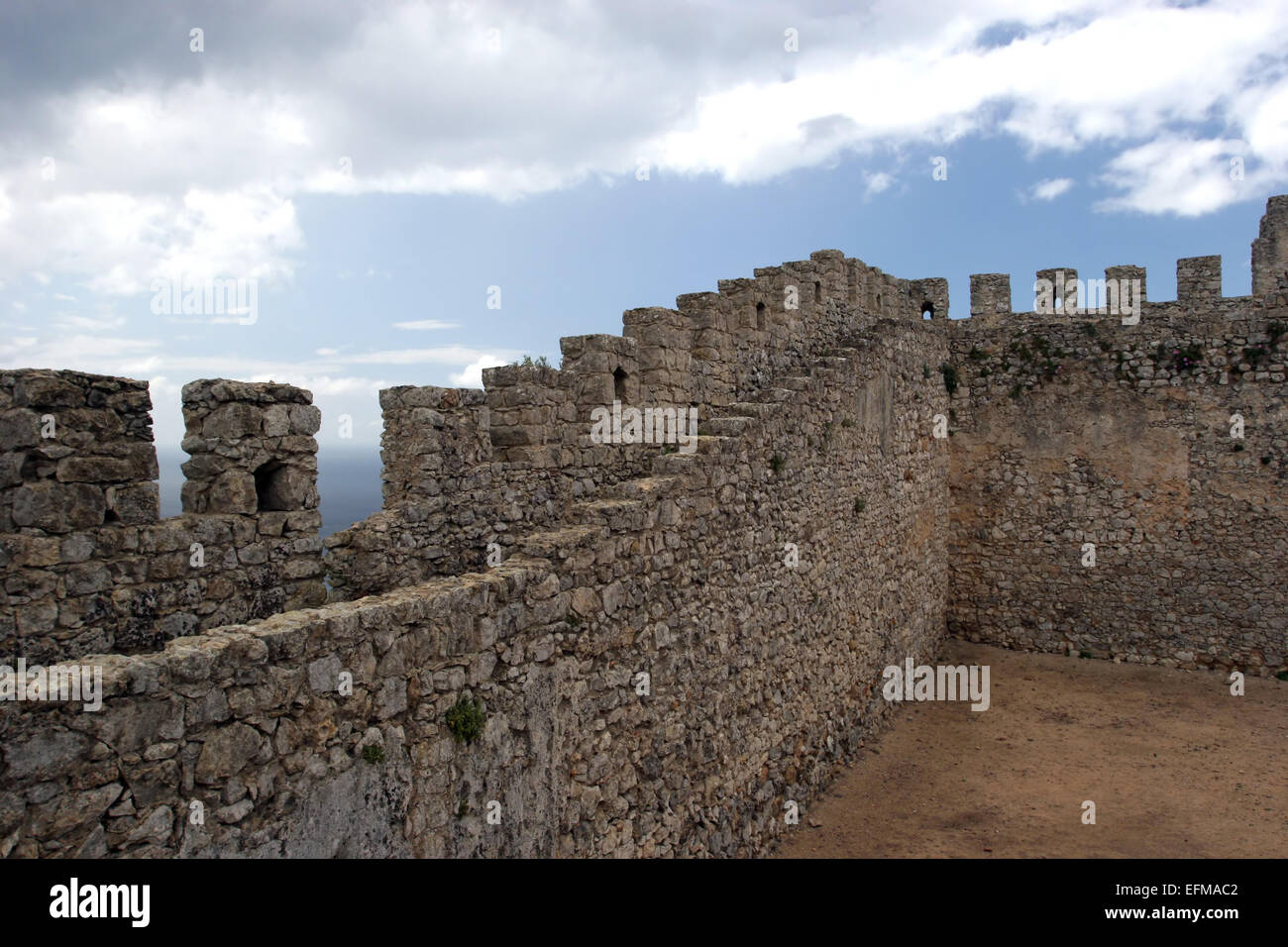 Castle wall perspective, isolated in blue sky background Stock Photo ...