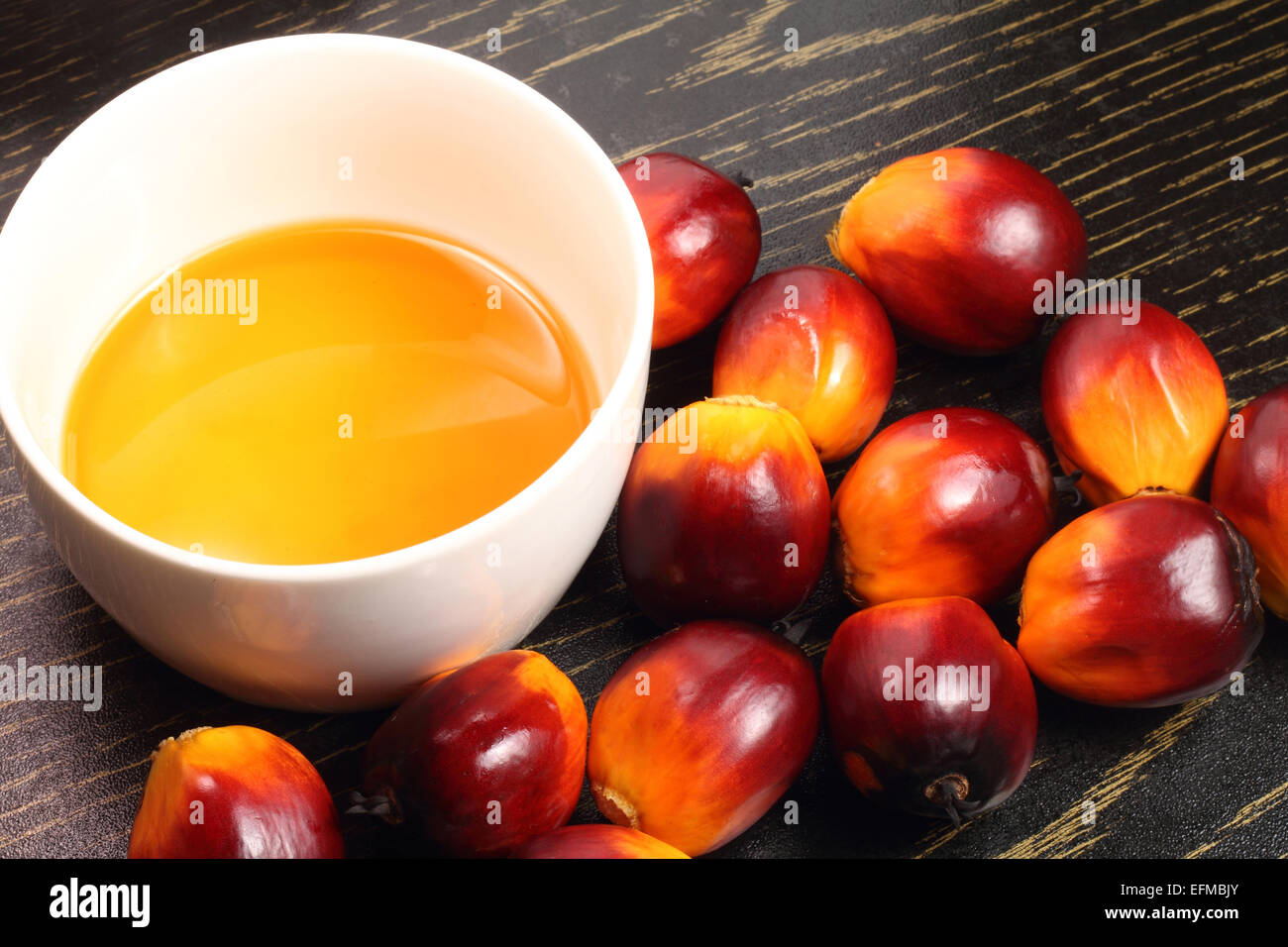 Oil palm fruits and bowl of cooking oil on black background Stock Photo ...