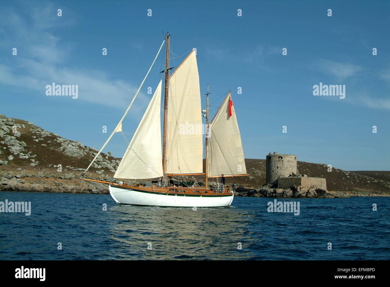 The vintage wooden ketch 'Orca' sailing off Tresco,Scilly Isles ...