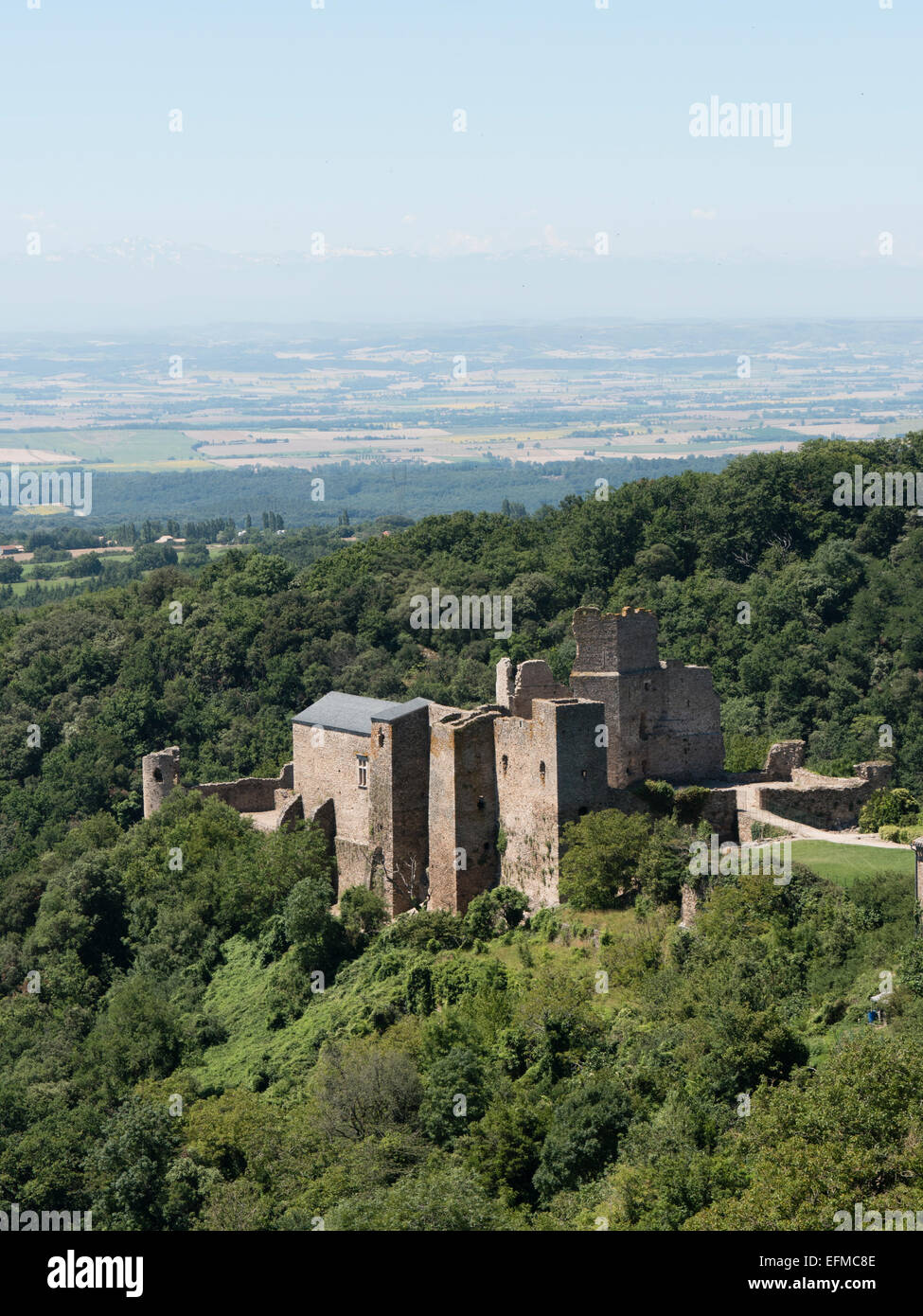 The Chateau de Saissac Cathar castle overlooking the plain of ...
