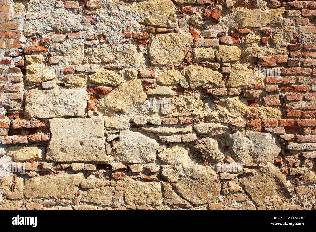 ancient exterior fortress wall built with rocks and bricks, texture ...