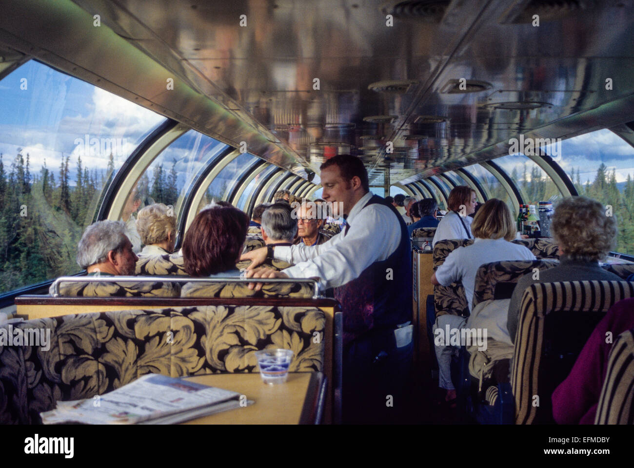 Anchorage to Fairbanks Train, Alaska. Passengers inside a Vista-dome ...