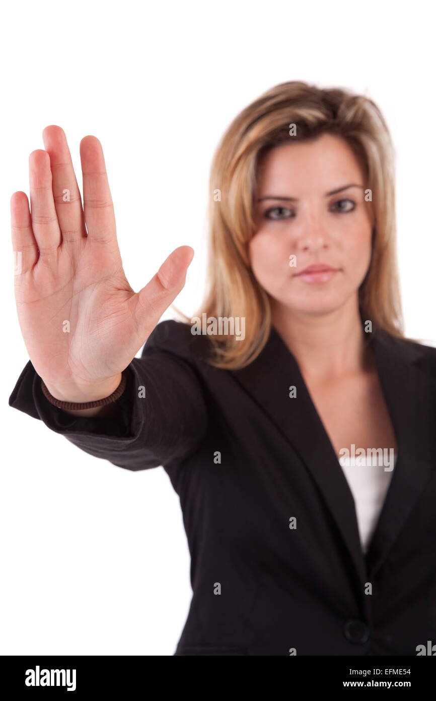Business woman making stop sign - isolated over white Stock Photo - Alamy