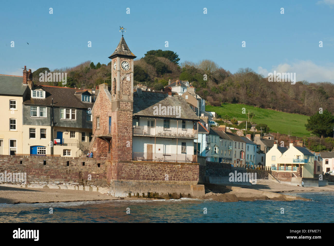 Kingsand, East Cornwall UK showing the clock tower and The Cleave with ...