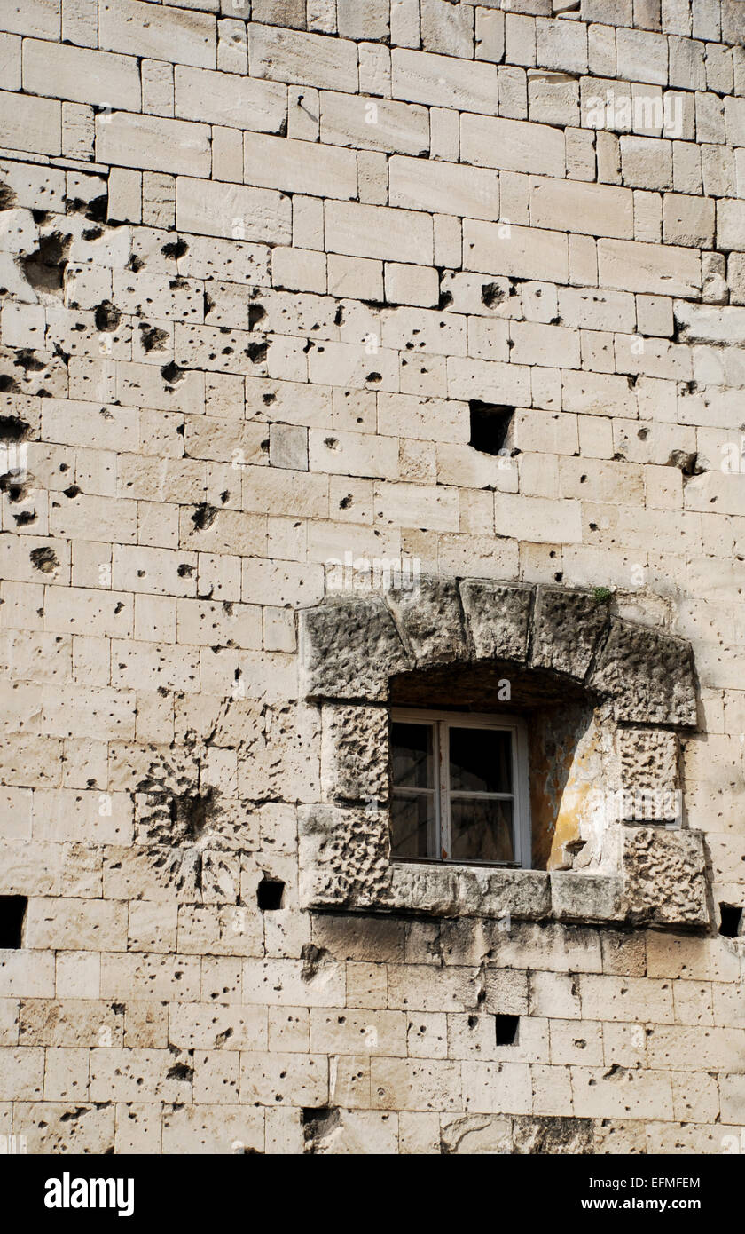 Bullet and shell holes in stone walls of Citadel building Budapest ...