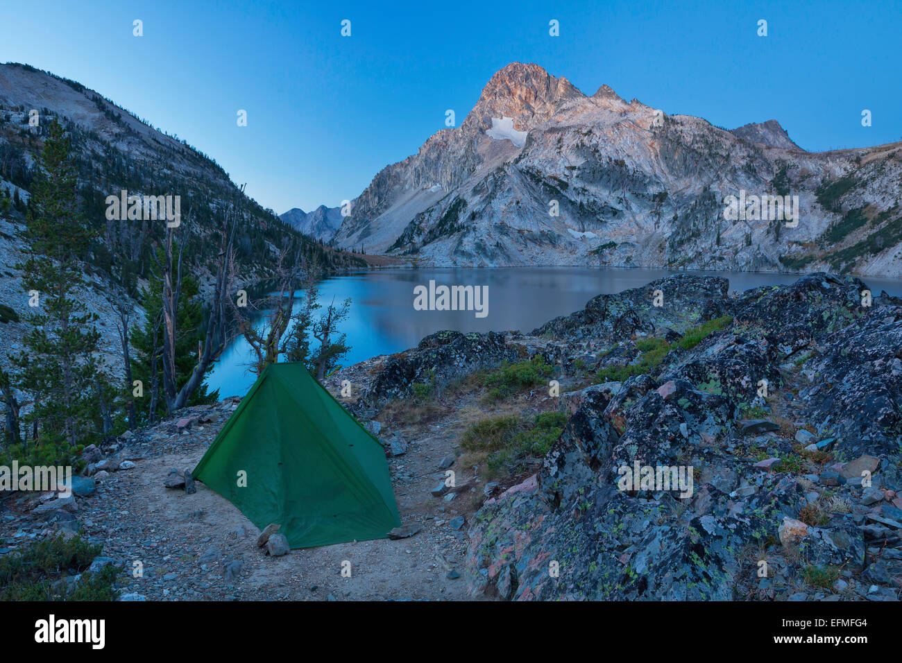 Tent camp by Sawtooth Lake in the Sawtooth Wilderness in Idaho during ...