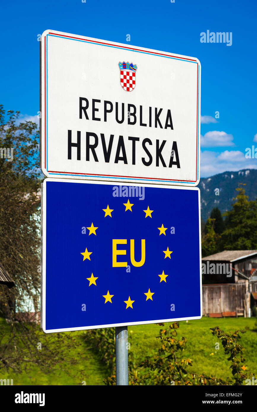 Croatia border and European Union signs, Zamost, Croatia Stock Photo ...