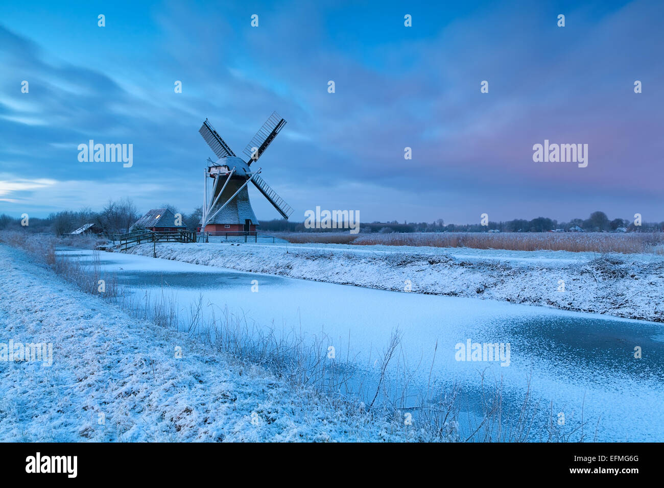 winter sunrise over windmill in snow, Netherlands Stock Photo - Alamy