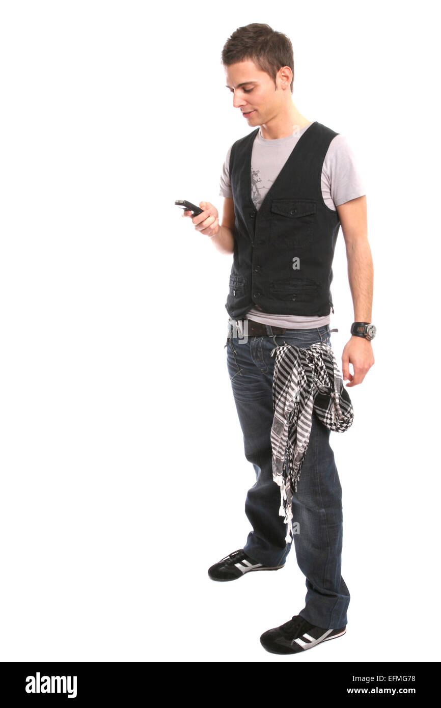 Young handsome boy calling on cellphone, isolated on white background ...