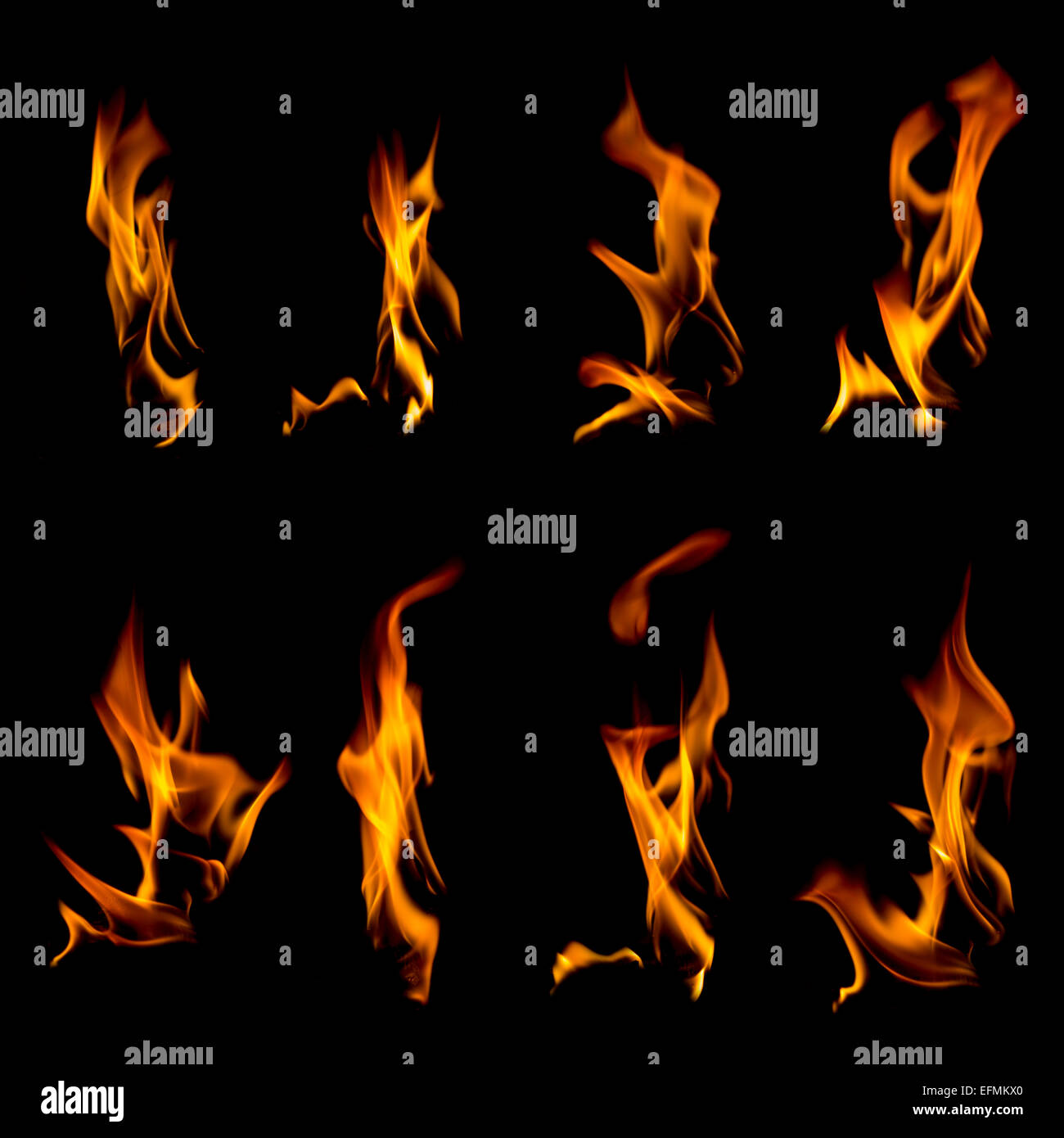 Collection of different types and shapes of flames isolated on black ...