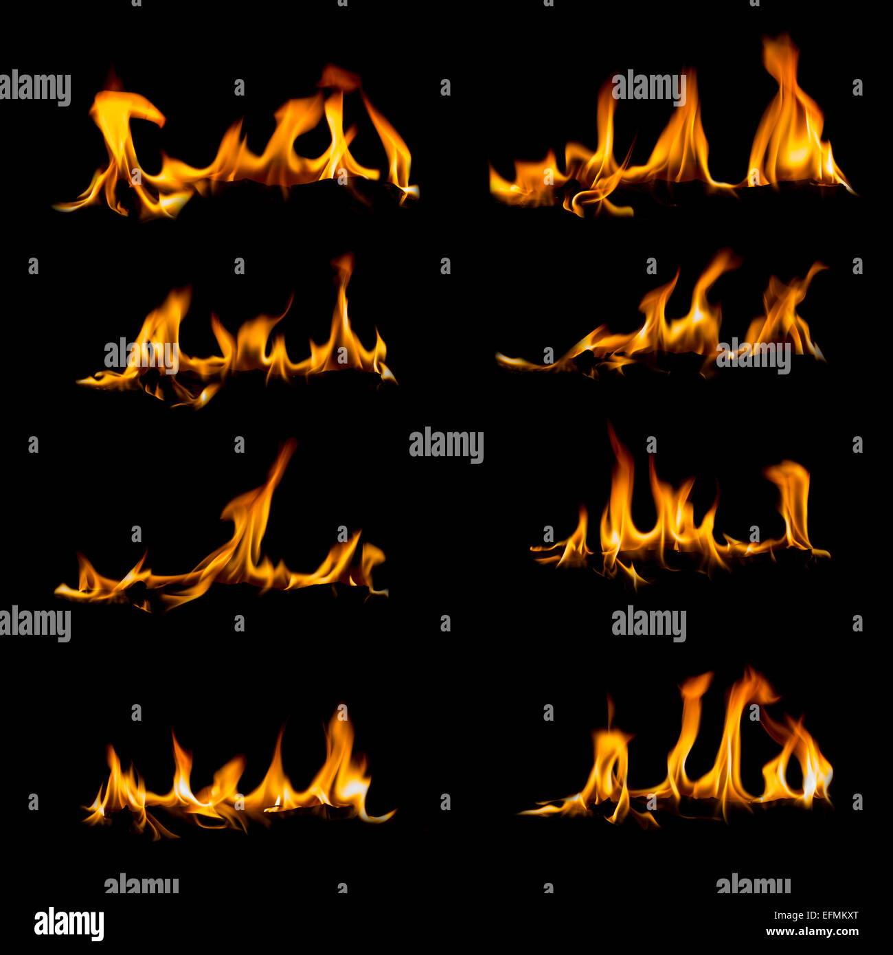 Collection of different types and shapes of flames isolated on black ...