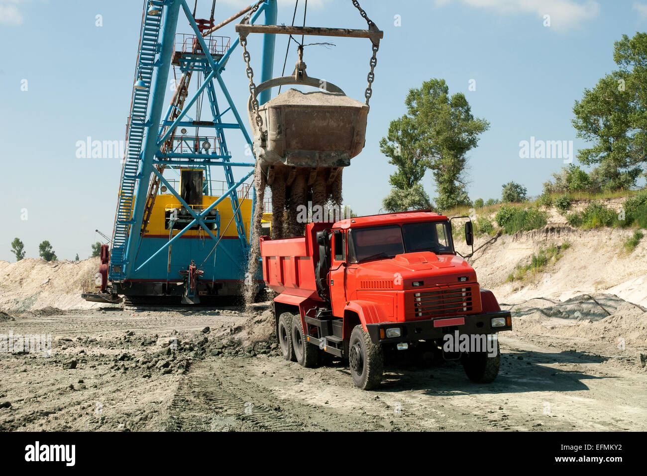Excavator loading iron ore into the heavy dump truck on the iron ore ...