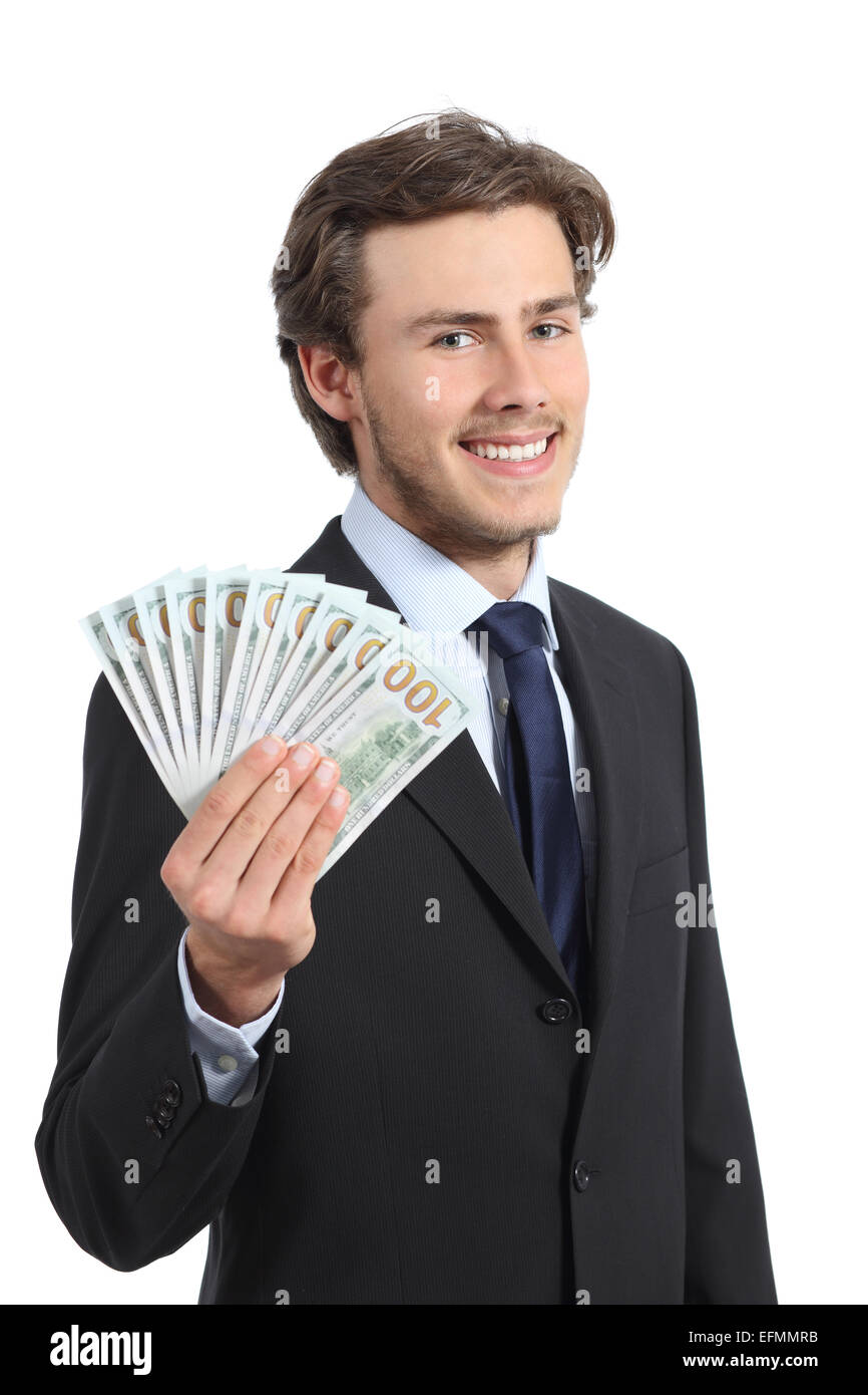 Young happy business man showing money isolated on a white background ...