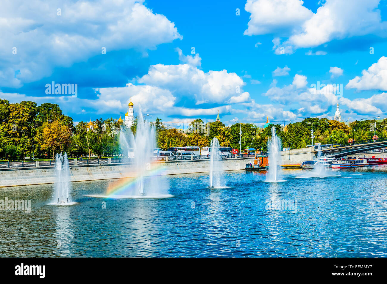 River Fountains. View of fountains in the bypass canal of the Moscow ...