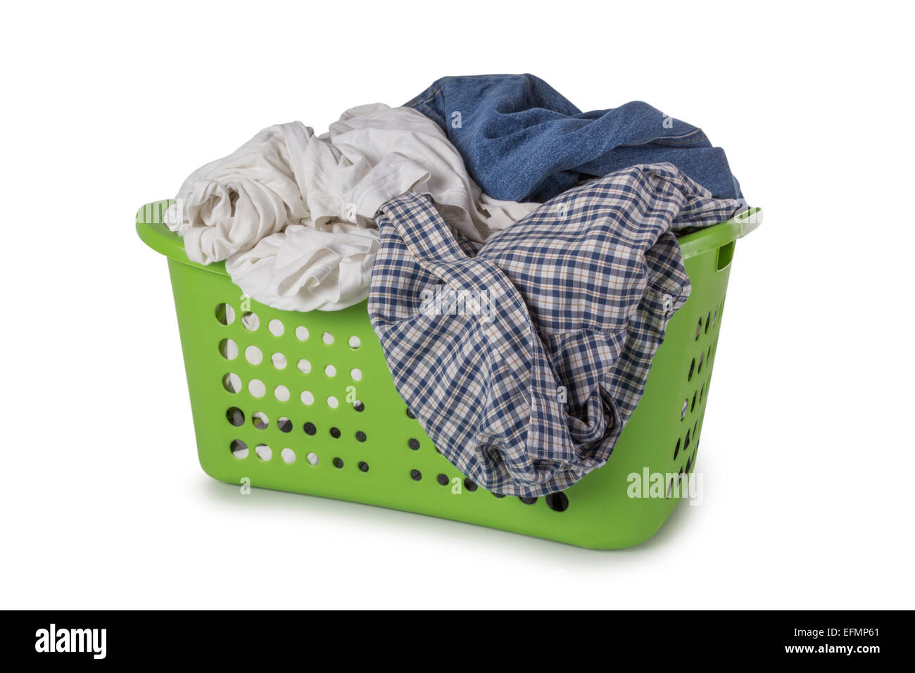 Green Laundry Basket filled with clothes isolated on white background ...
