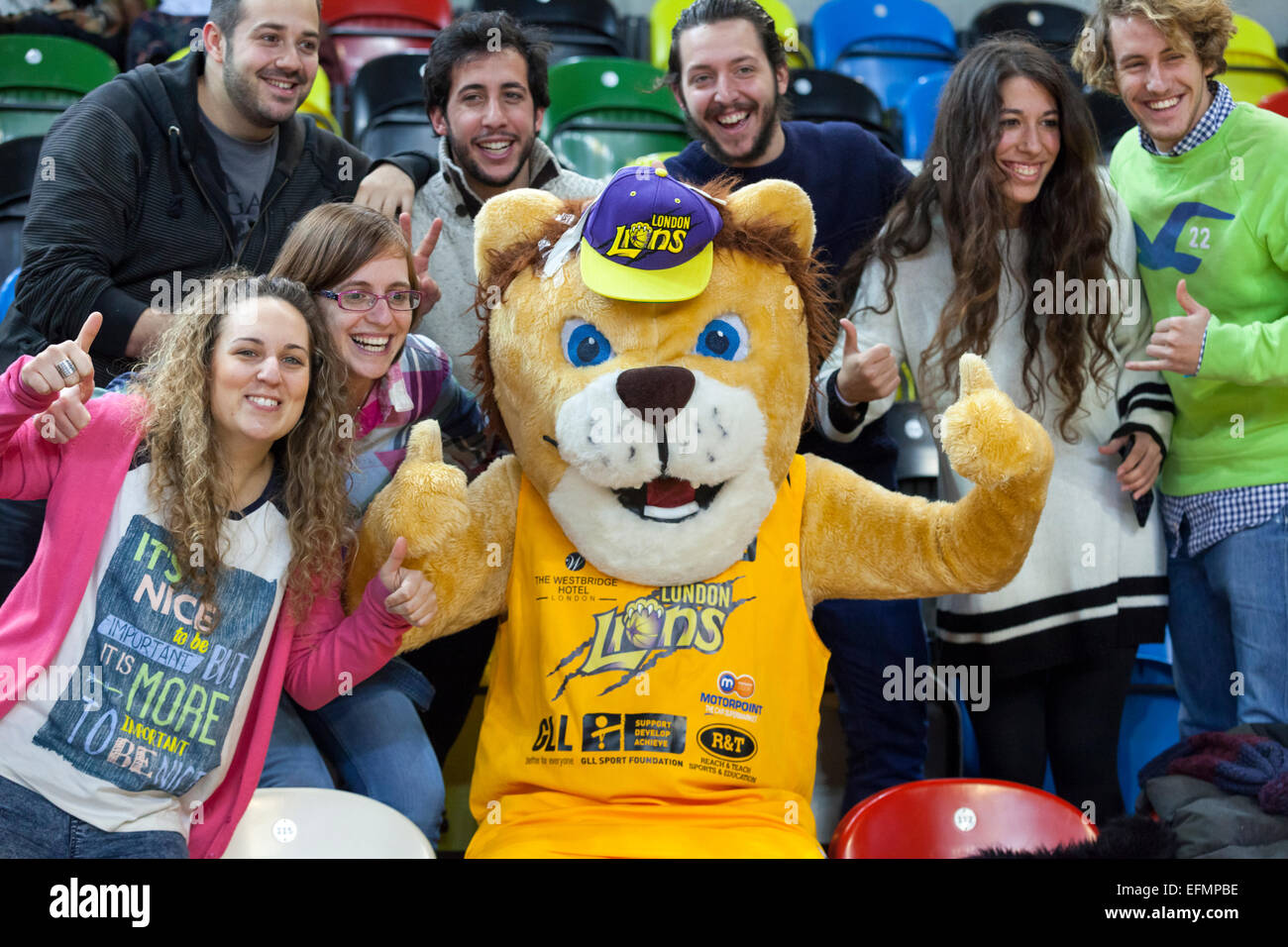 London, UK. 6th Feb, 2015. Louis, the London Lion's mascot with fans ...