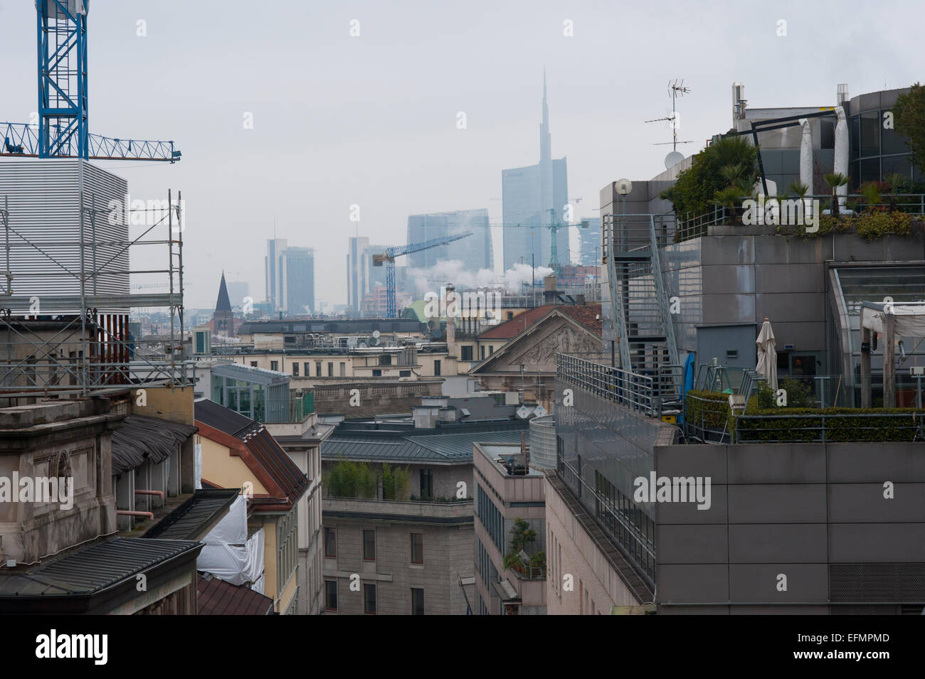 The skyline and skyscrapers seen from the rooftop of the cathedral ...
