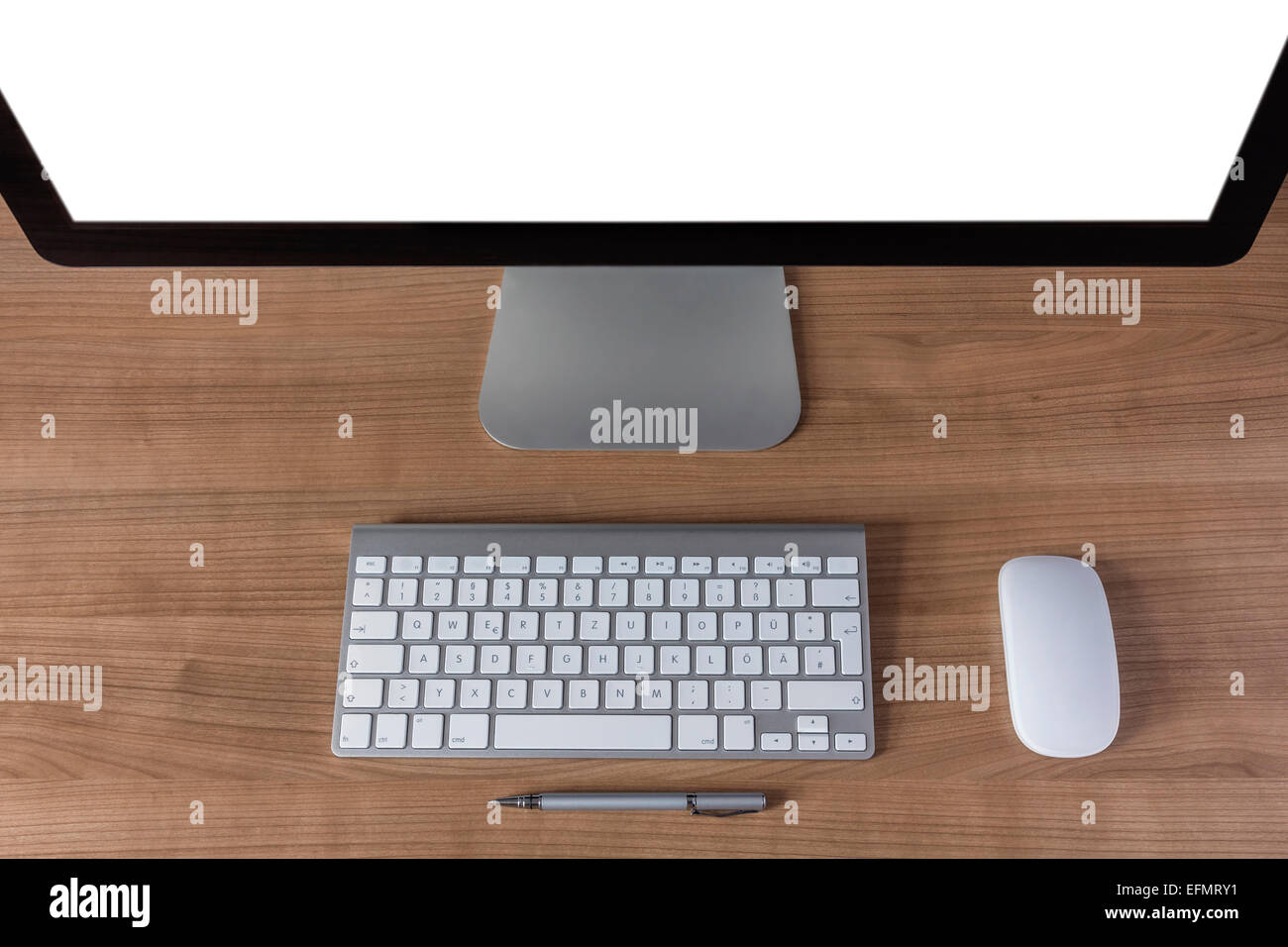 modern computer with blank white screen with keyboard and mouse on ...