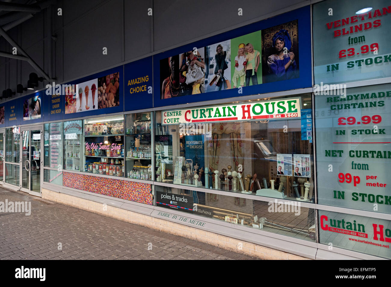 Birmingham indoor market bullring window seller curtains hi-res stock ...