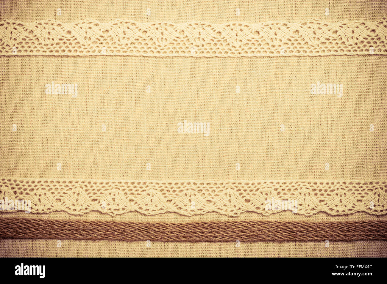 Lace frame on natural linen, bright cloth fabric background. Retro ...