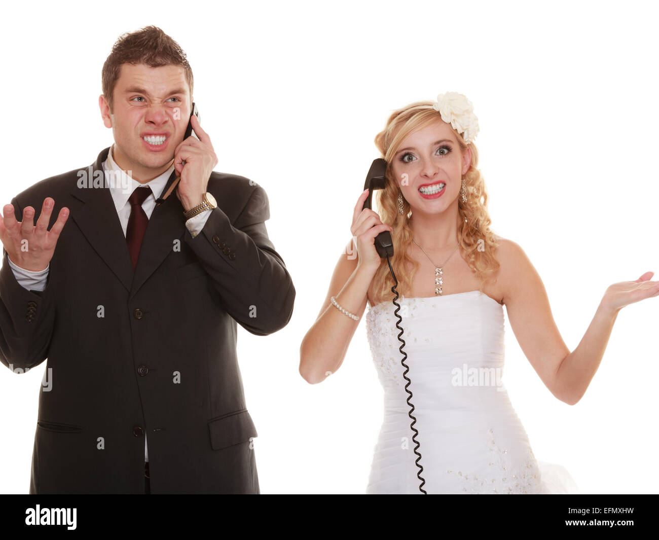 Wedding relationship difficulties. Angry woman and fury man talking on ...