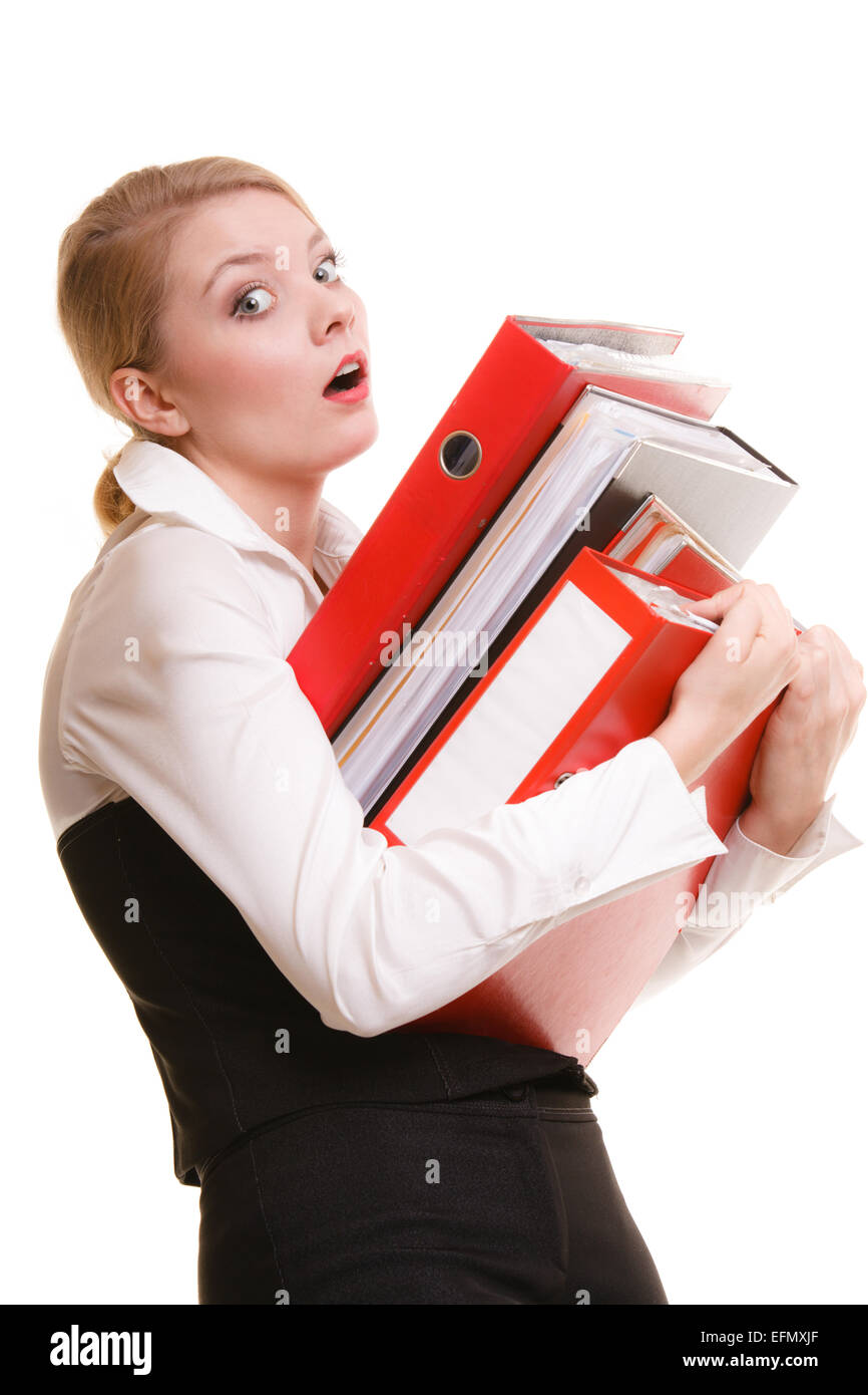 Business and paperwork. Young overworked businesswoman holding stack of ...