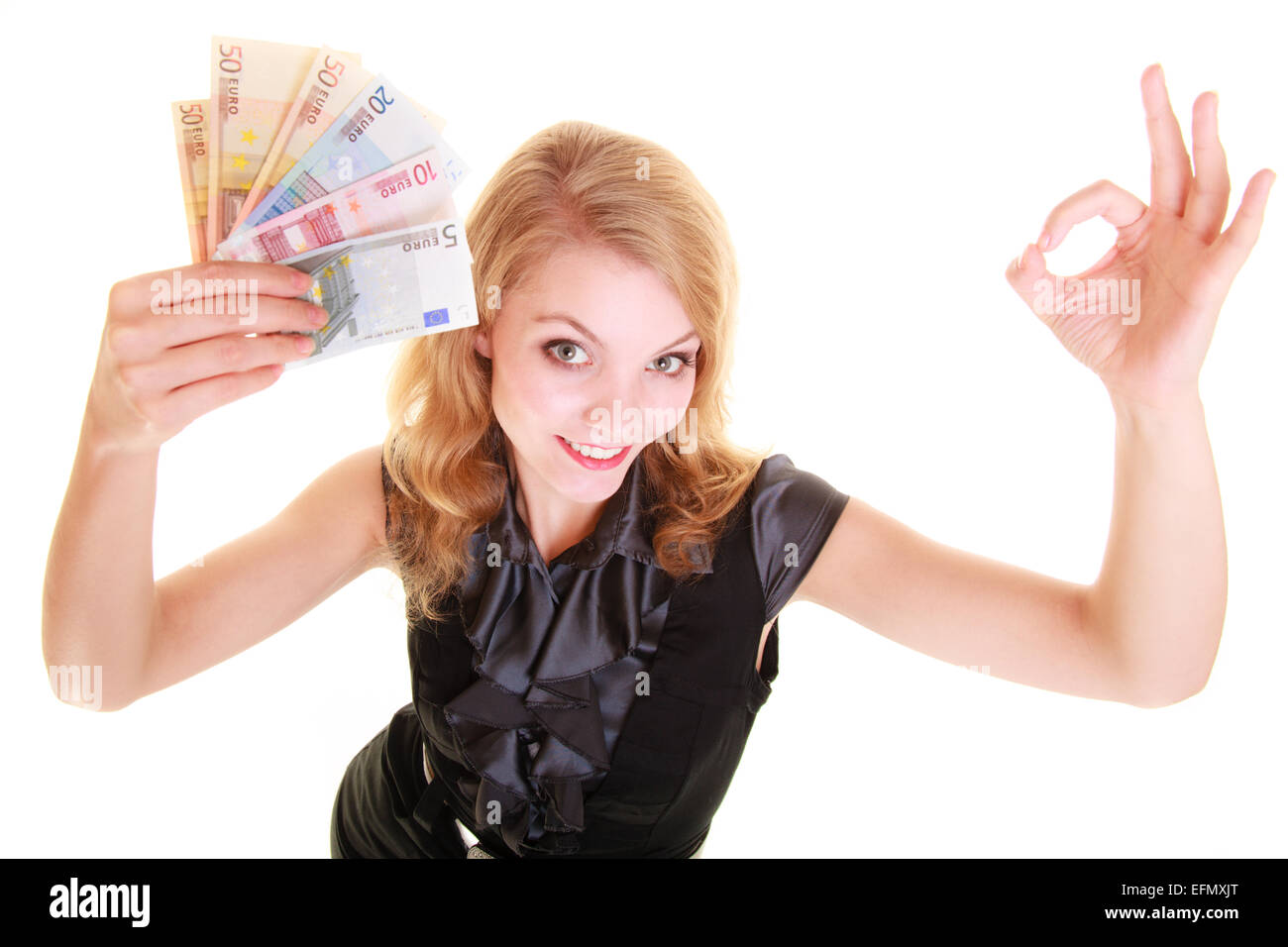 Rich happy blonde business woman showing euro currency money banknotes ...