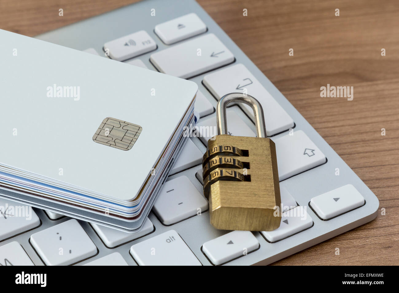 Batch of Credit or debit Cards with a combination lock on a modern ...