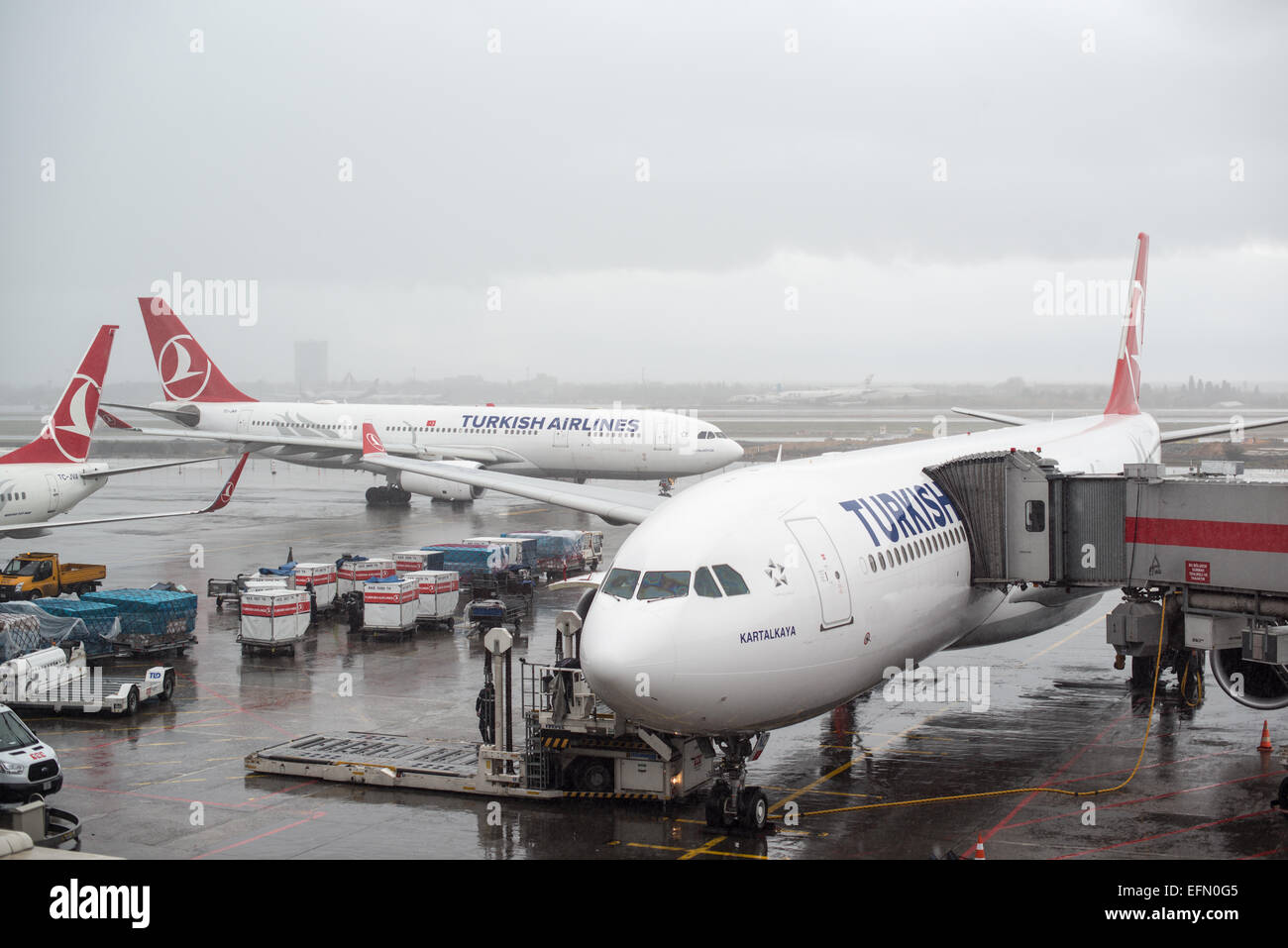 ISTANBUL, Turkey / Türkiye — Three Turkish Airlines passenger planes at ...