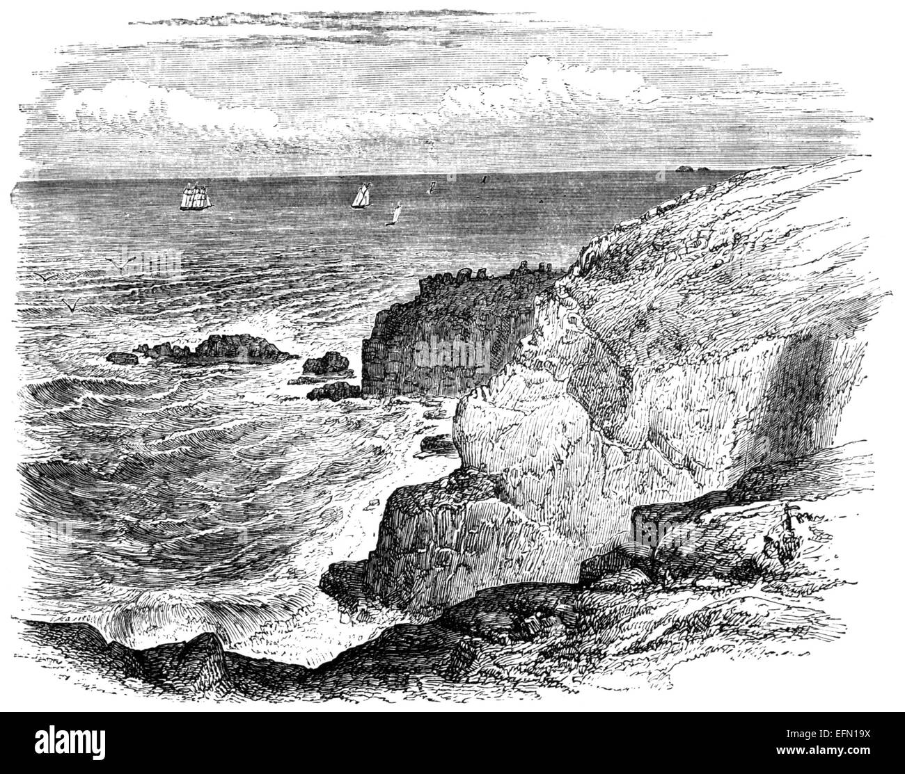 19th century engraving of the coast at Land's end, Cornwall, United ...