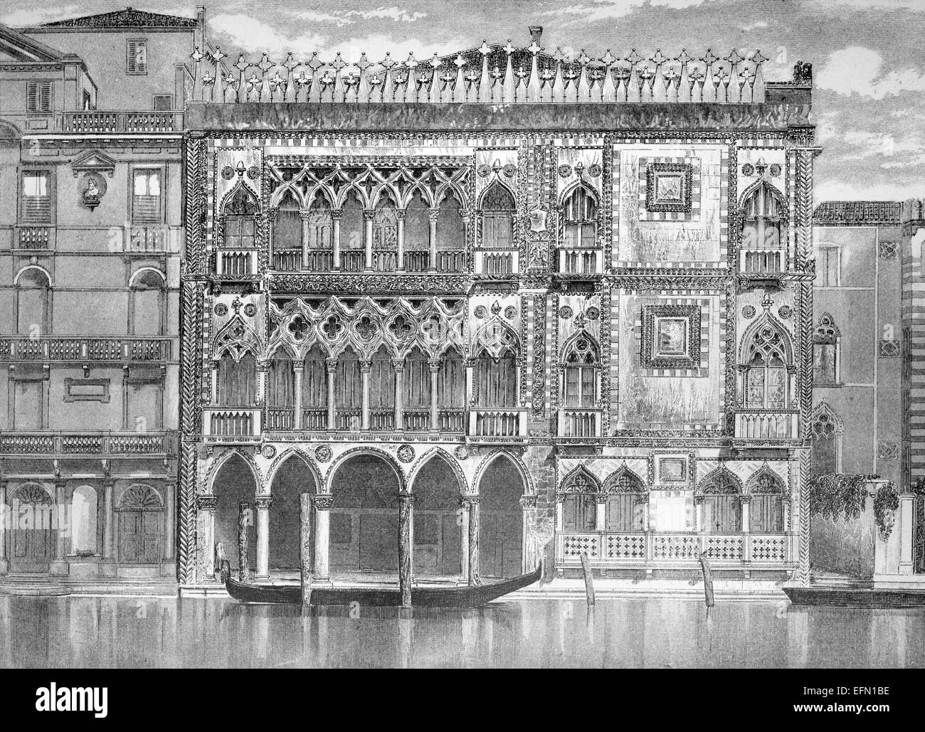 19th century engraving of a canal and building Ca' D'Oro Venice, Italy ...