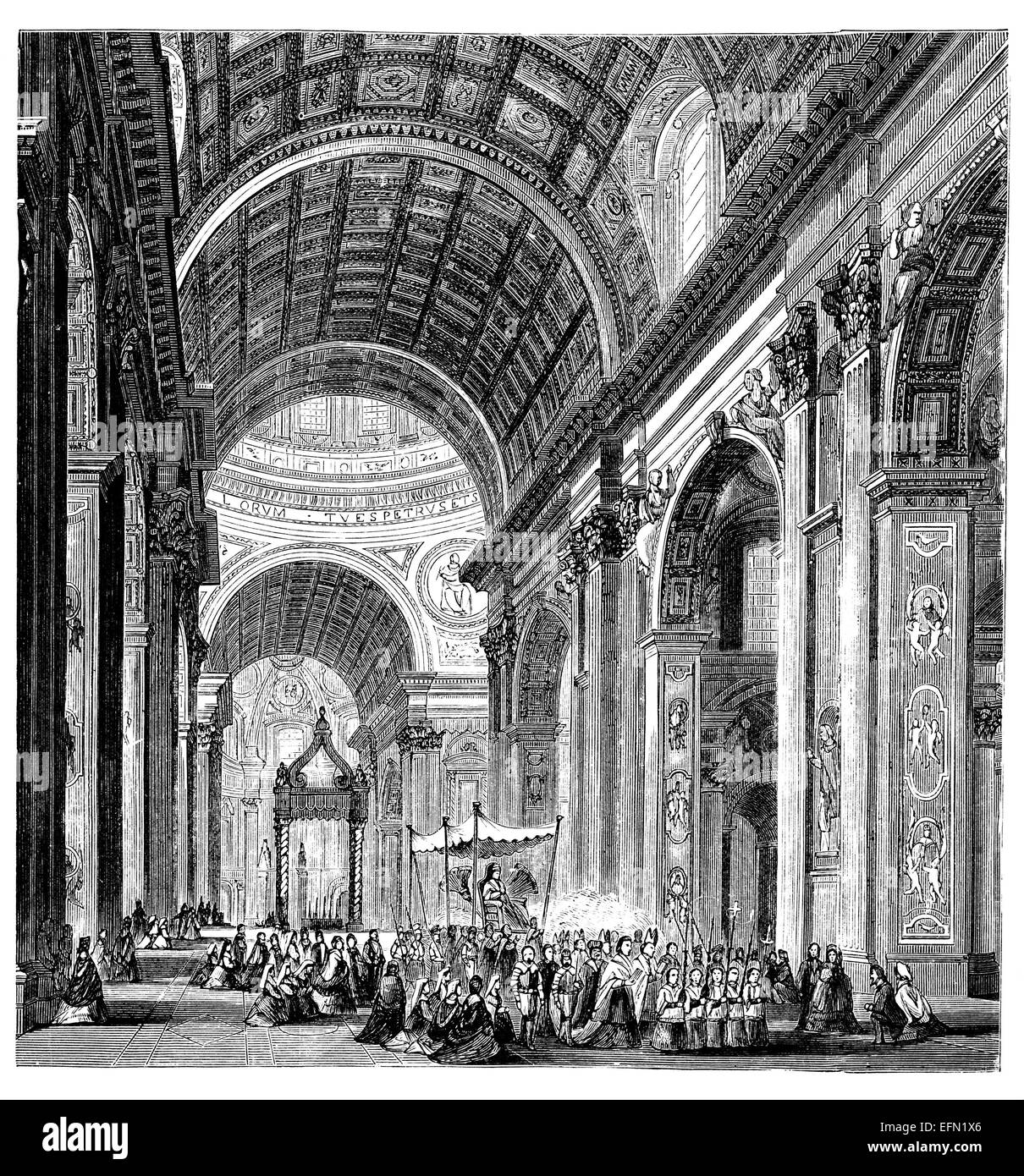 19th century engraving of a procession at St. Peter's Basilica, Vatican ...