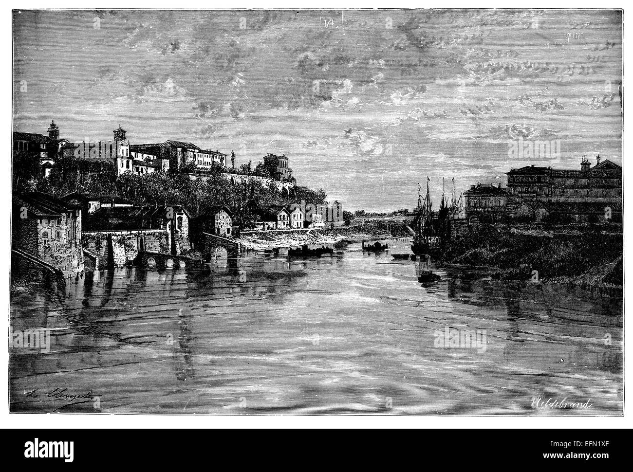 19th century engraving of Tiber River at Rome, Italy Stock Photo - Alamy