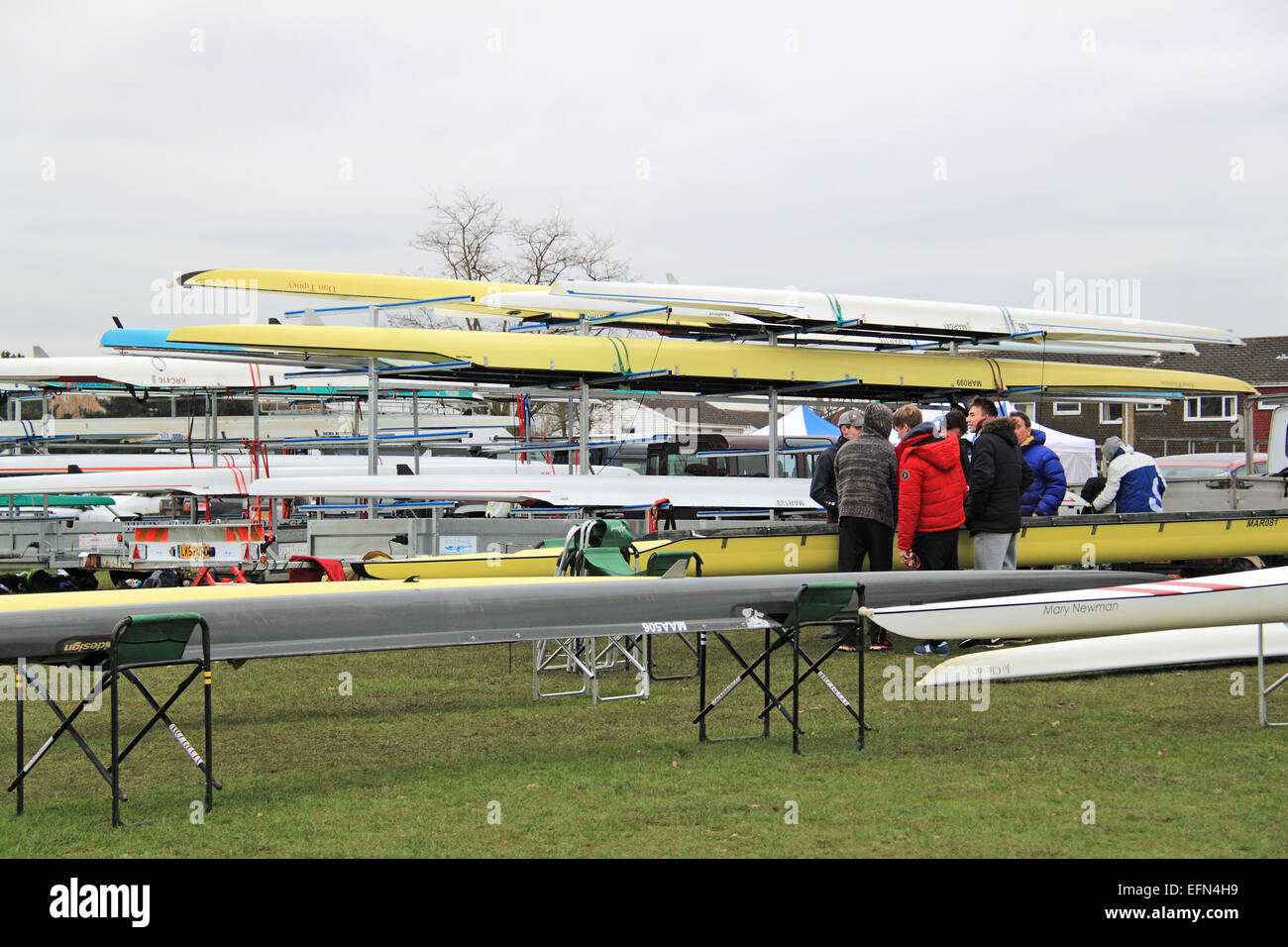 Boat park at Hampton Head (Junior 4s and 8s) rowing event. River Thames ...