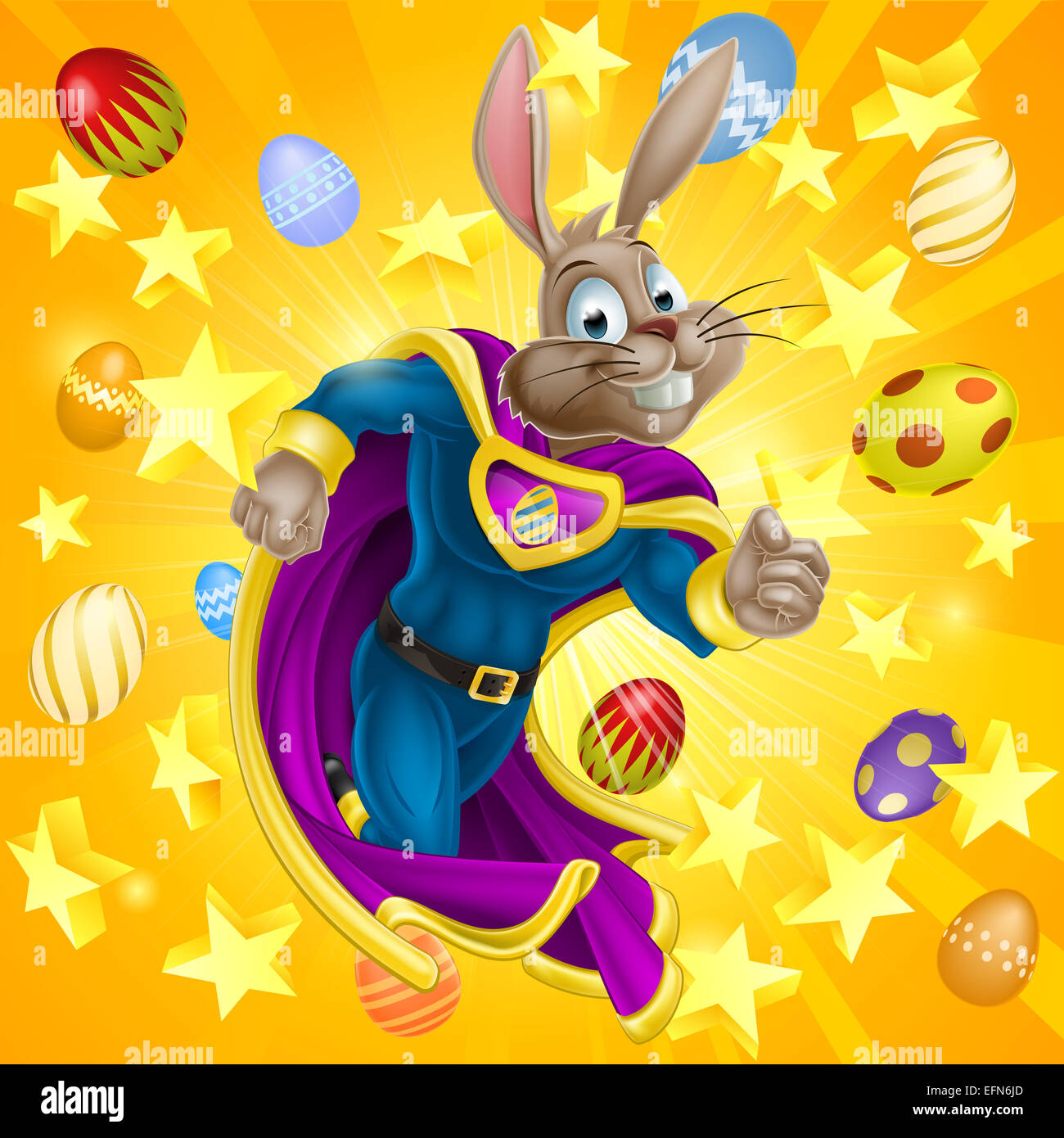 A cute cartoon superhero Easter Bunny character running with stars and ...