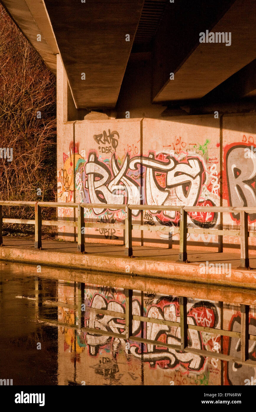 Graffiti under a road bridge reflected in the frozen waters of the ...