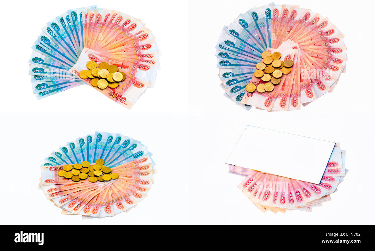 Collage - bills and coins for the financial Stock Photo - Alamy