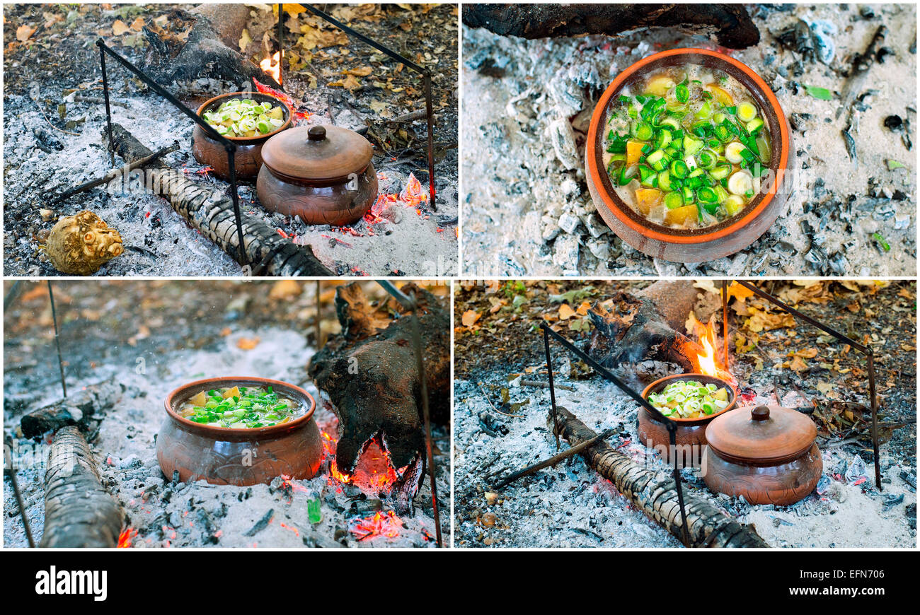 Collage - cooking in the pot on the fire Stock Photo - Alamy