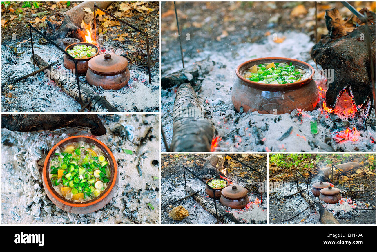 Collage - cooking in the pot on the fire Stock Photo - Alamy