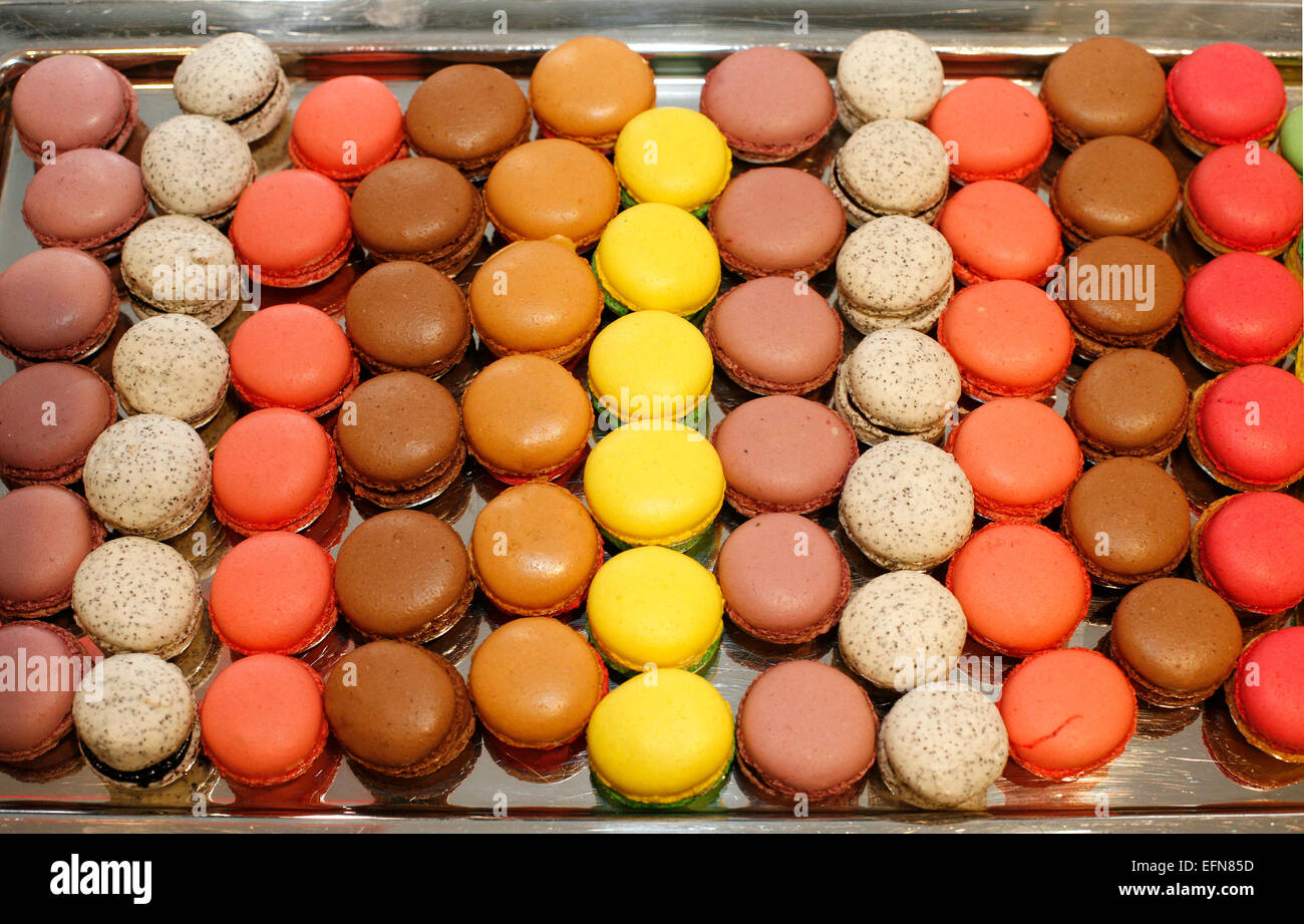 Colorful macaroon background. Traditional french macarons in a rows ...