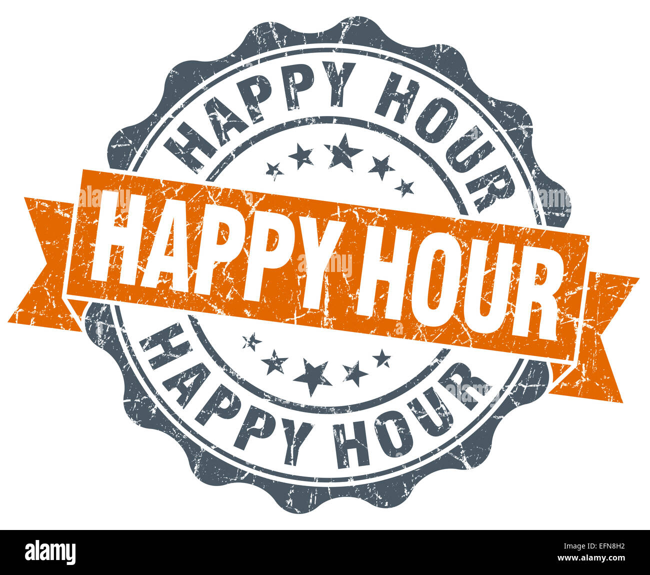 happy hour vintage orange seal isolated on white Stock Photo - Alamy