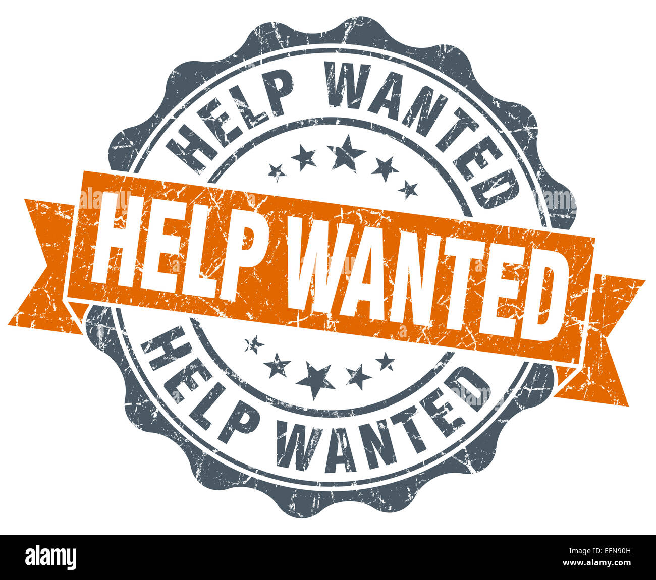 help wanted vintage orange seal isolated on white Stock Photo - Alamy
