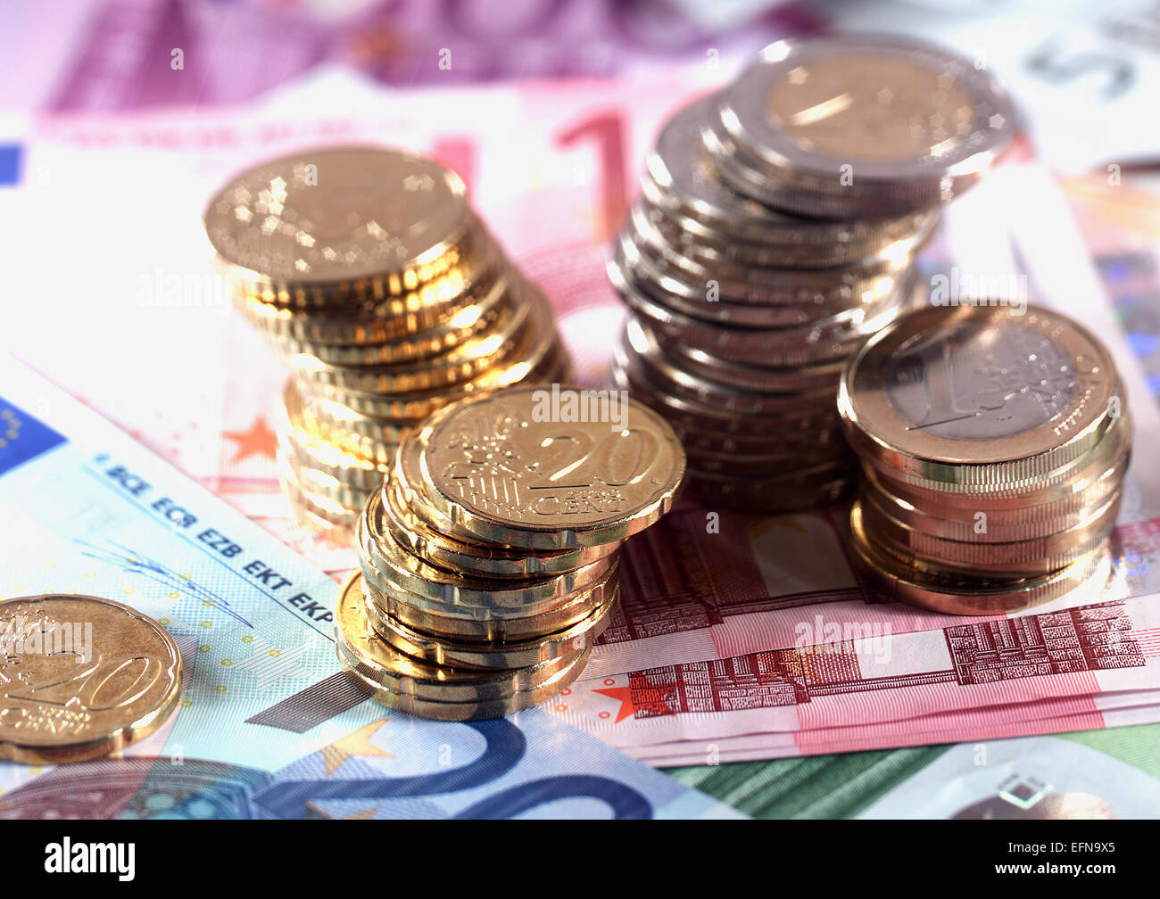 Verschiedene Euroscheine und Muenzen, Banknoten, , Euroland Stock Photo ...