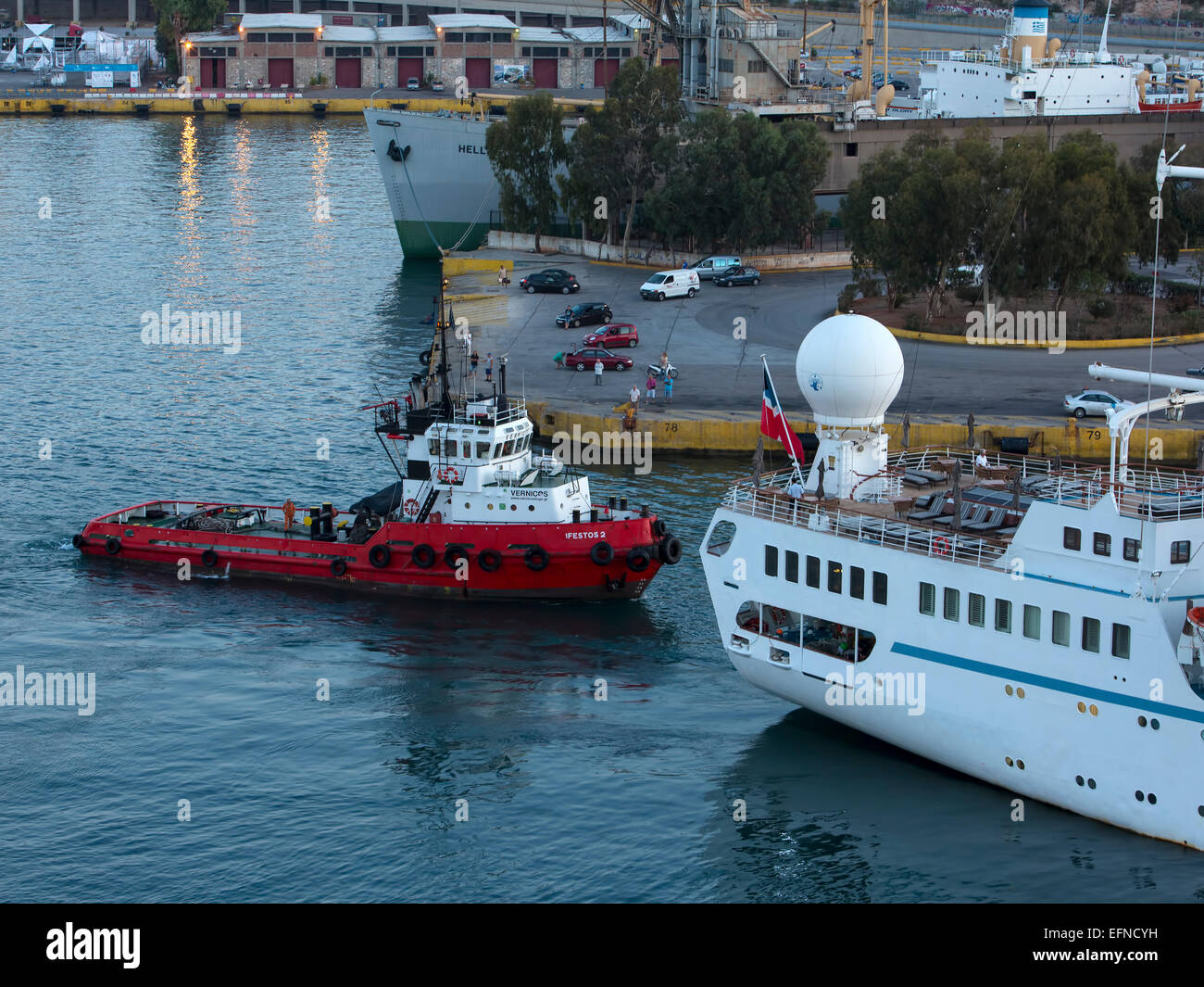 Athens, Greece port tug boat cruise ship Stock Photo - Alamy
