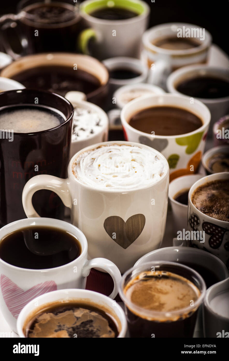 Lots of coffee in different cups with hearts Stock Photo - Alamy