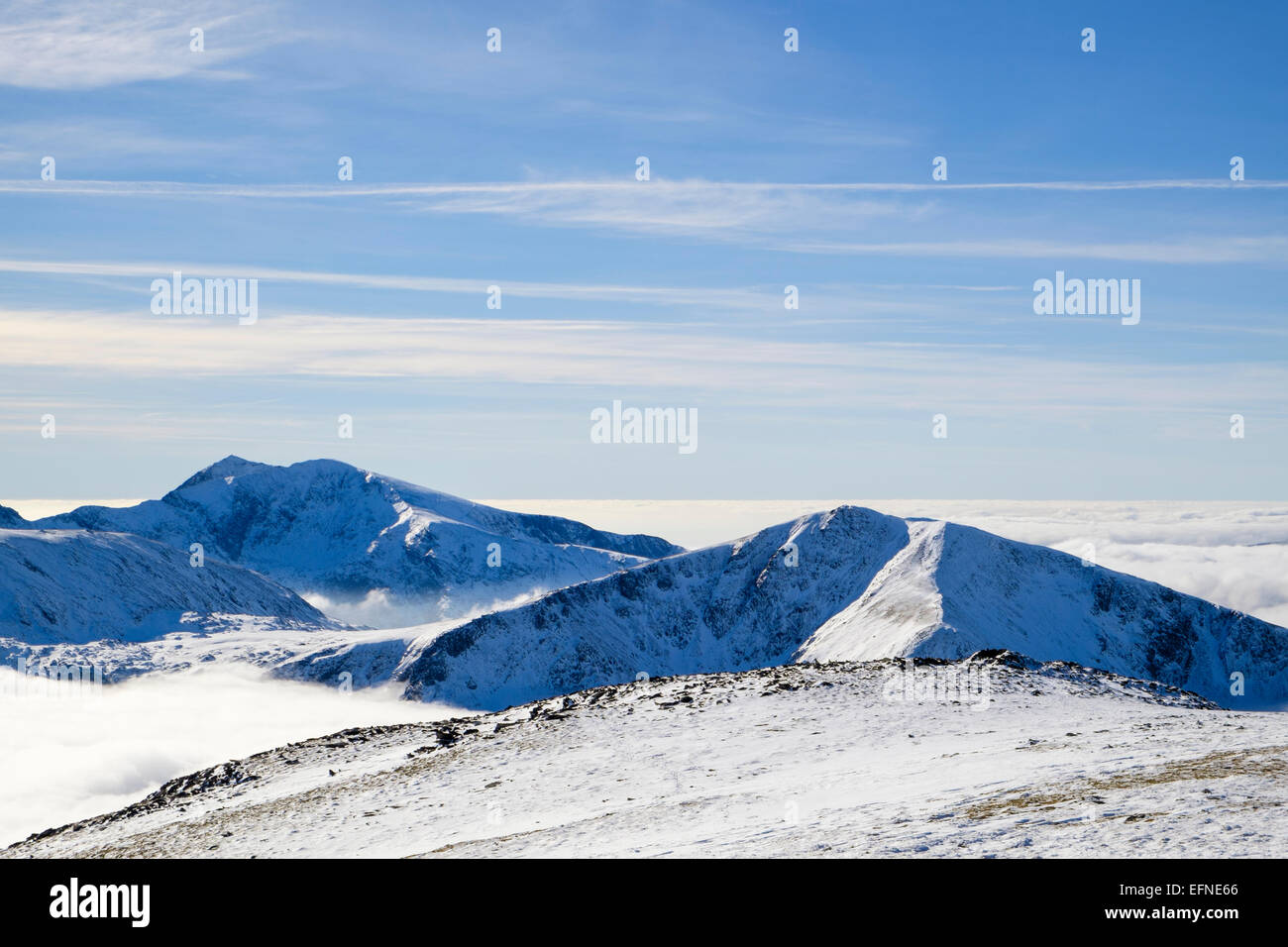 Mt Snowdon and Y Garn peaks above low cloud caused by temperature ...